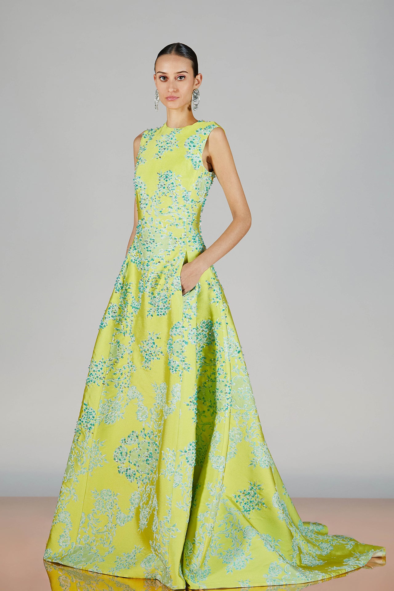 Closed-Neckline Brocade A-line Dress – M.R DESIGN