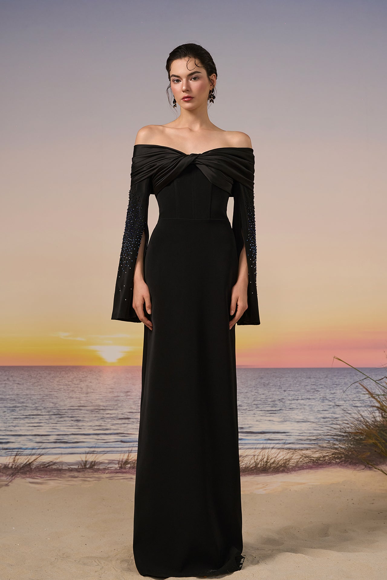 Crepe Long Dress with Crystal-Accented Cape Sleeves – M.R DESIGN