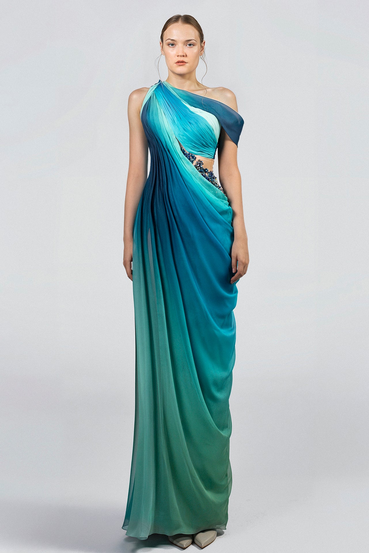 One-Shoulder Floor-Length Dress with Pleated Bodice and Waist Cut-Out ...
