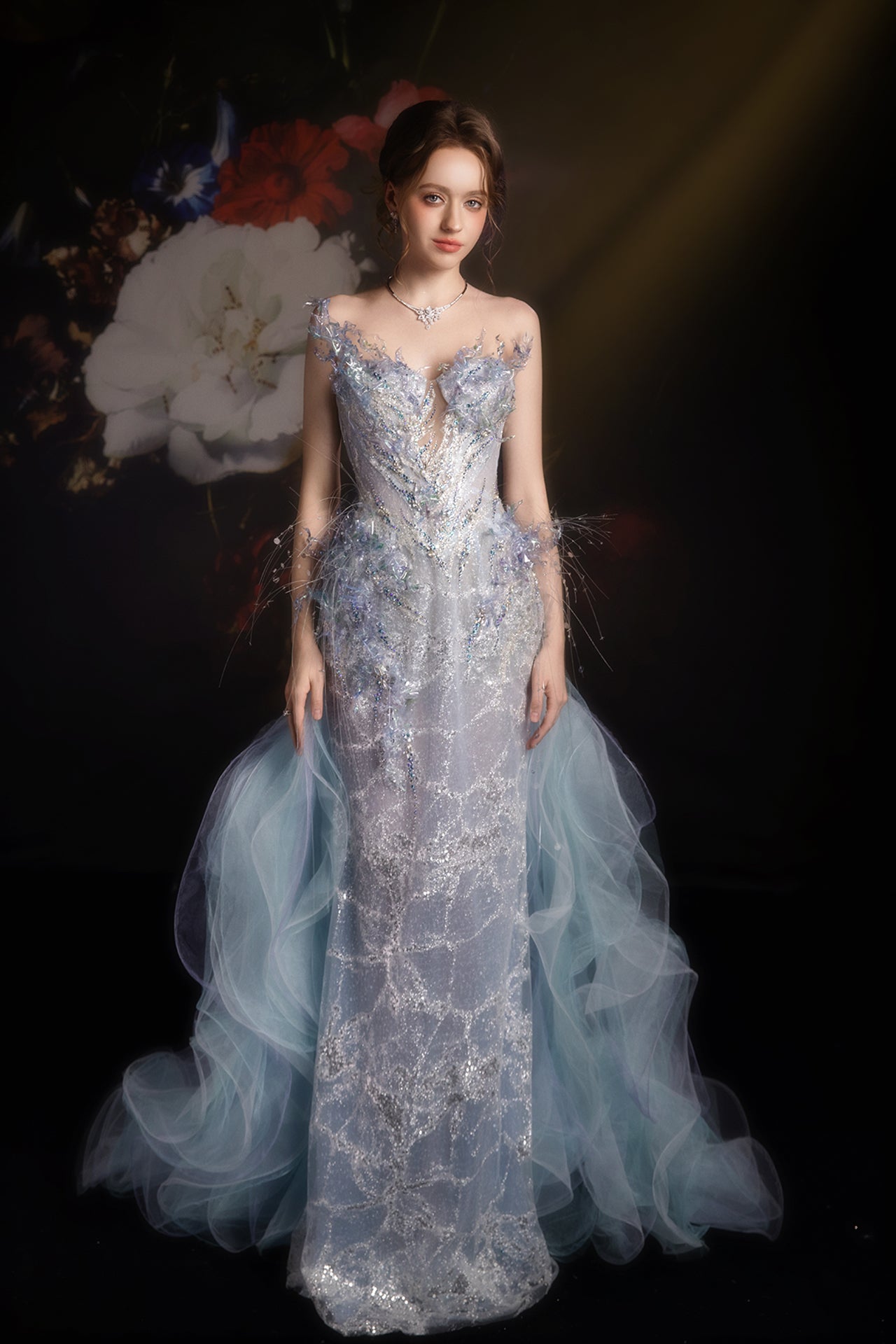 Column Dress with Crystal Embellishment and Regal Train – M.R DESIGN