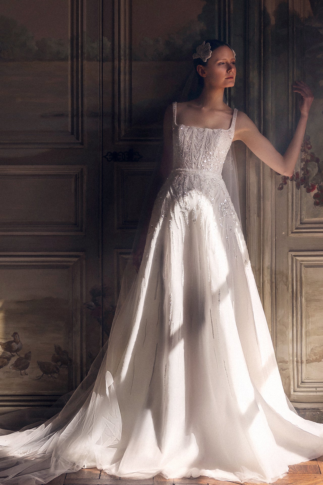 Floor-Length Bridal Gown with Square Neckline Bodice and Beaded Lace A ...