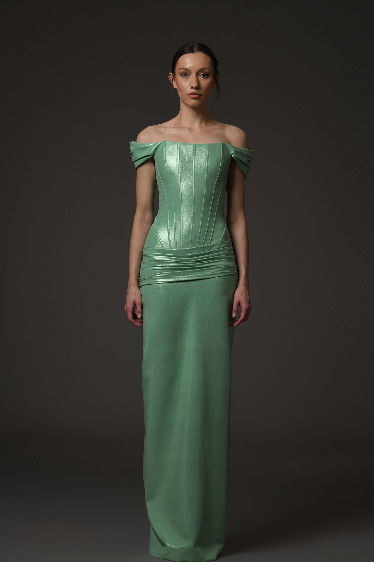 Off-the-Shoulder Dress with Draping and Corset – M.R DESIGN