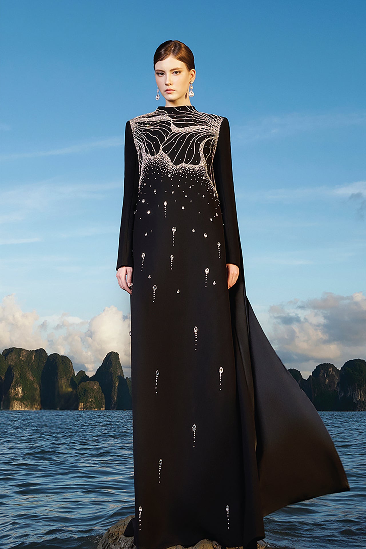 Velvet Satin Dress with Crystals and Back Flaps – M.R DESIGN
