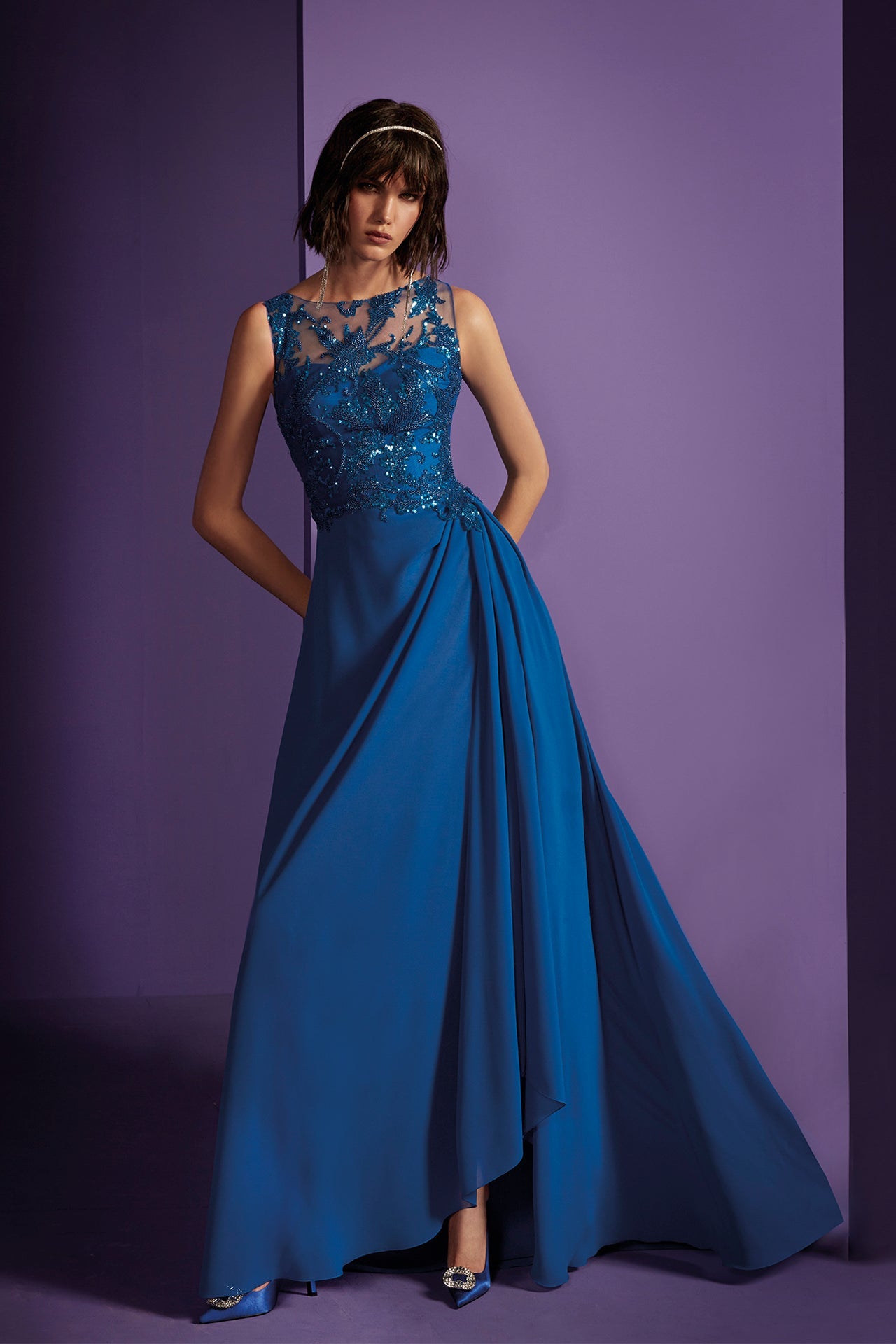 Crepe Georgette Sleeveless A-line Dress with Embroidery – M.R DESIGN